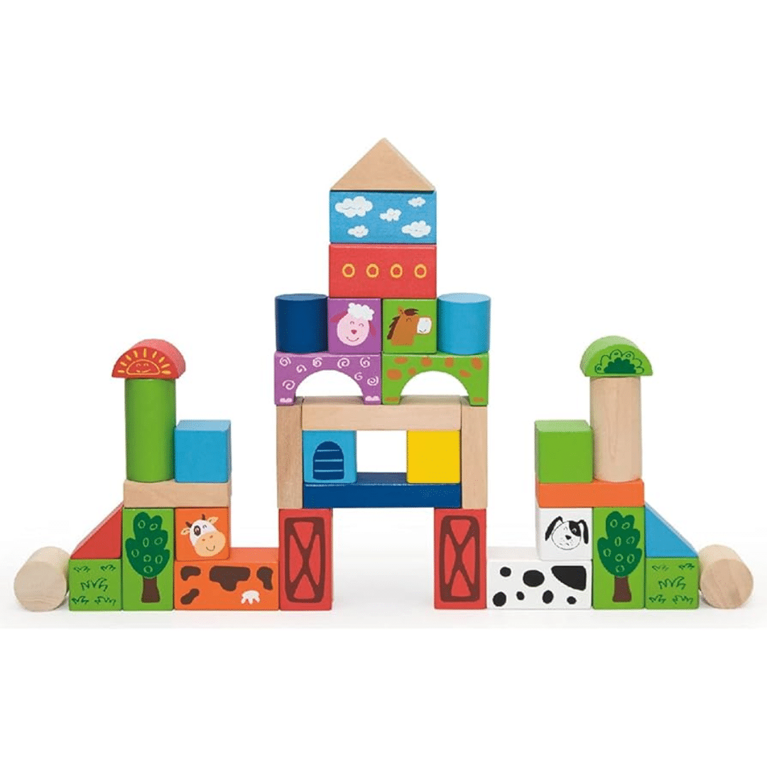 Viga Wooden Farm Blocks – 50-Piece Building Set with Storage Tub ...