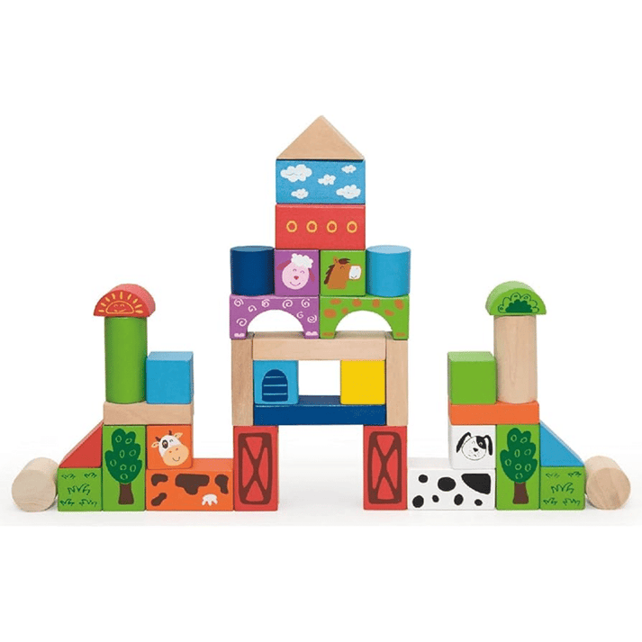 Viga Wooden Farm Blocks – 50-Piece Building Set with Storage Tub ...