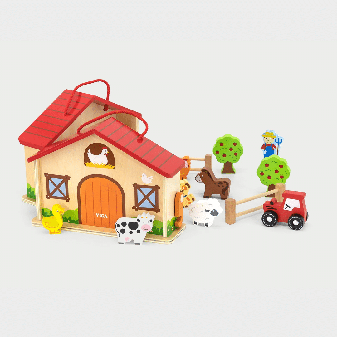 Viga Wooden Farm Barn Playset – Portable Wooden Farm Toy with Animals ...